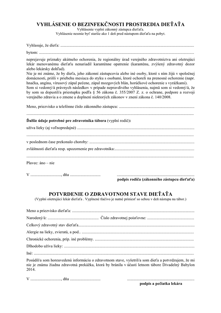 VYHLÁSENIE O BEZINFEKČNOSTI PROSTREDIA DIEŤAŤA